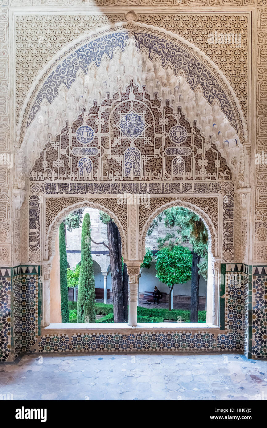 Arched window overlooking the garden. Alhambra Palace, Granada, Spain ...