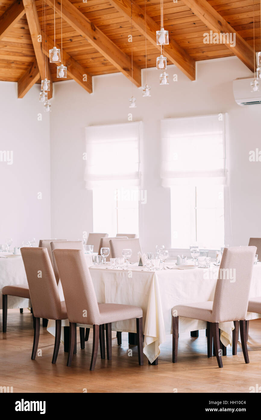 Cozy Interior Of Summer Cafe - Sheltered Tables With Tablecloths Stock ...