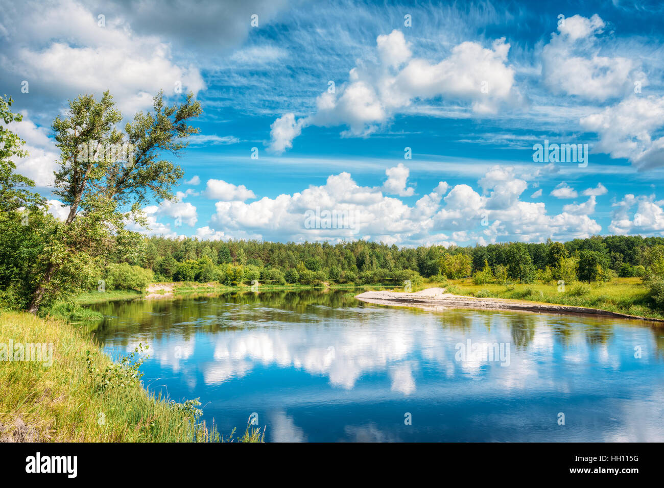 River Landscape With Reflections Of Clouds And Woods In Water. Summer ...