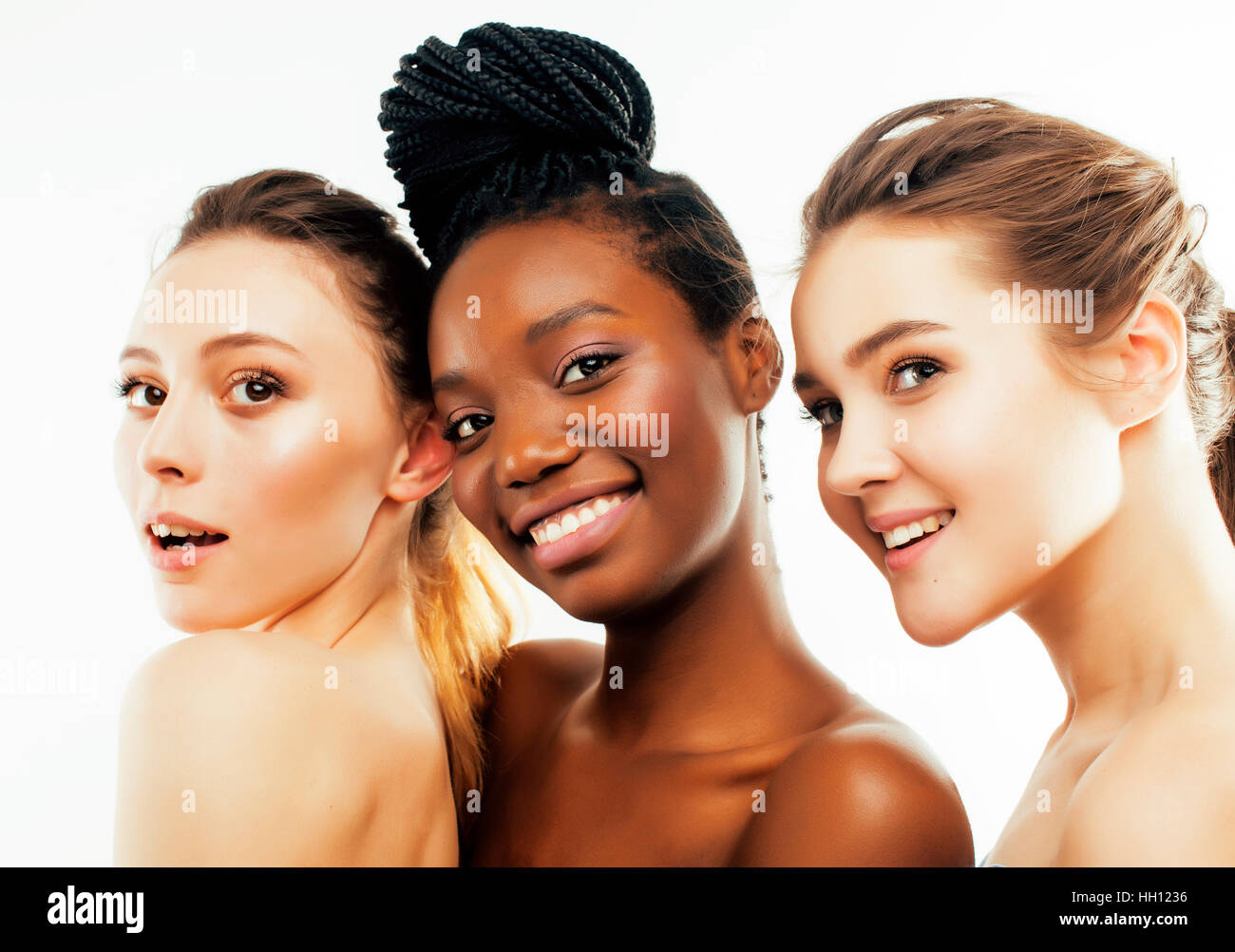 three different nation woman: african-american, caucasian together ...