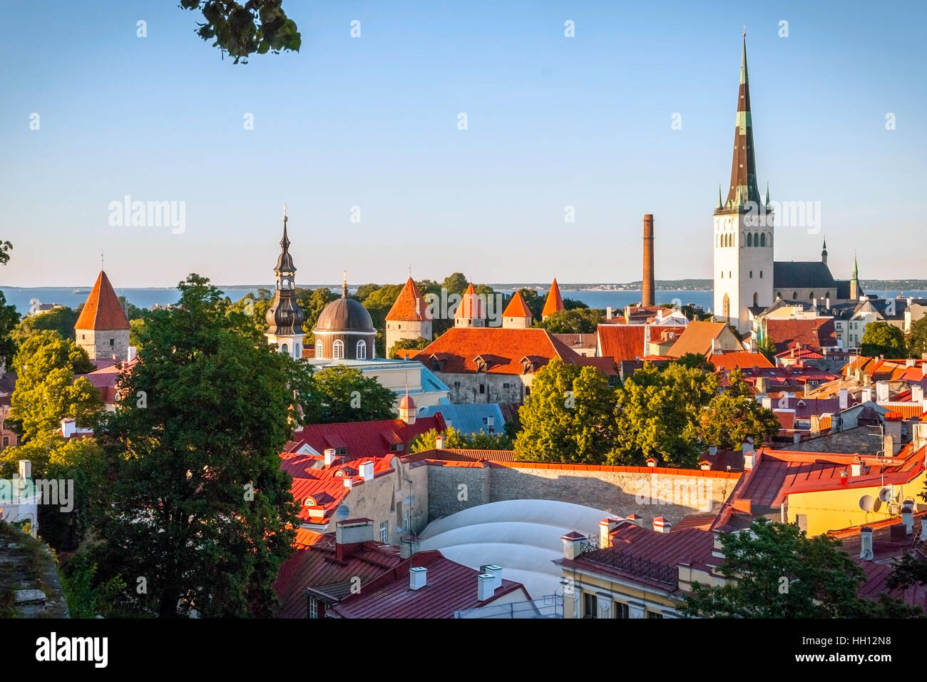 Cityscape of old town Tallinn with bright roofs in sunlight, Estonia ...