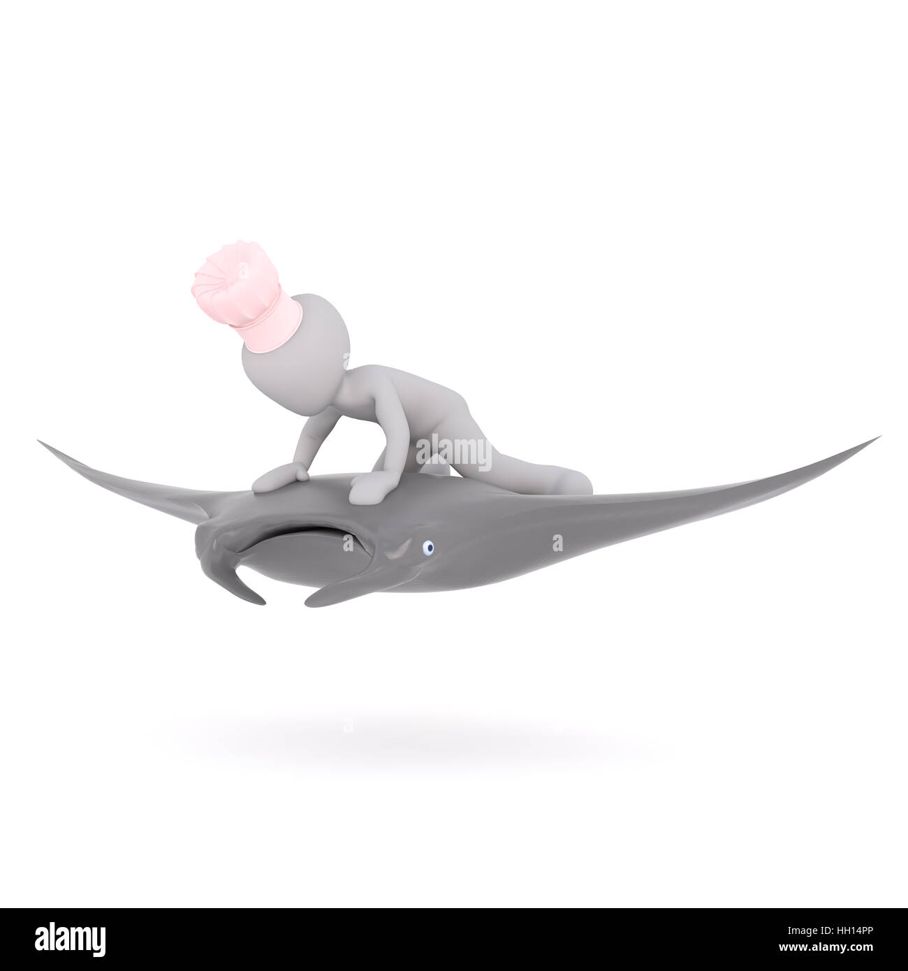 Faceless 3D cartoon man cook riding on back of manta ray. Render ...