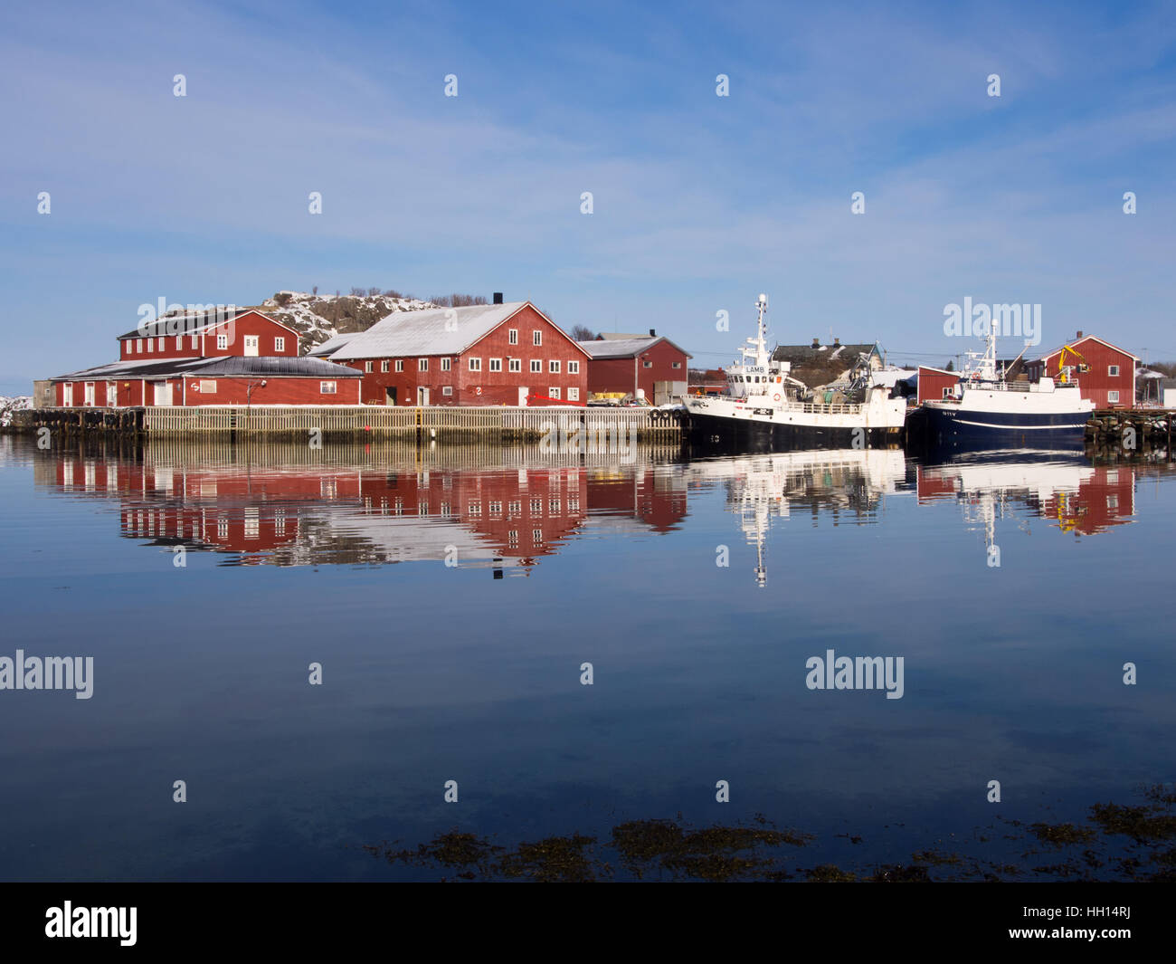 Two fishing boats in the port of Laukvik on Lofoten, Norway Stock Photo ...