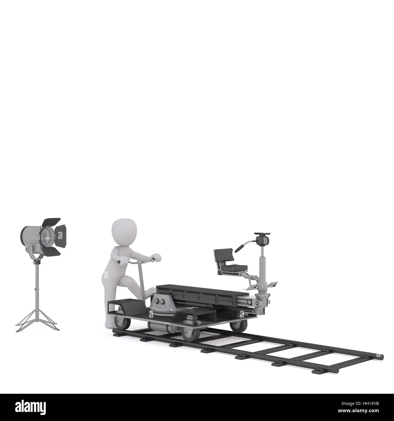 3d toon figure moving cinema camera on trolley along track, white ...
