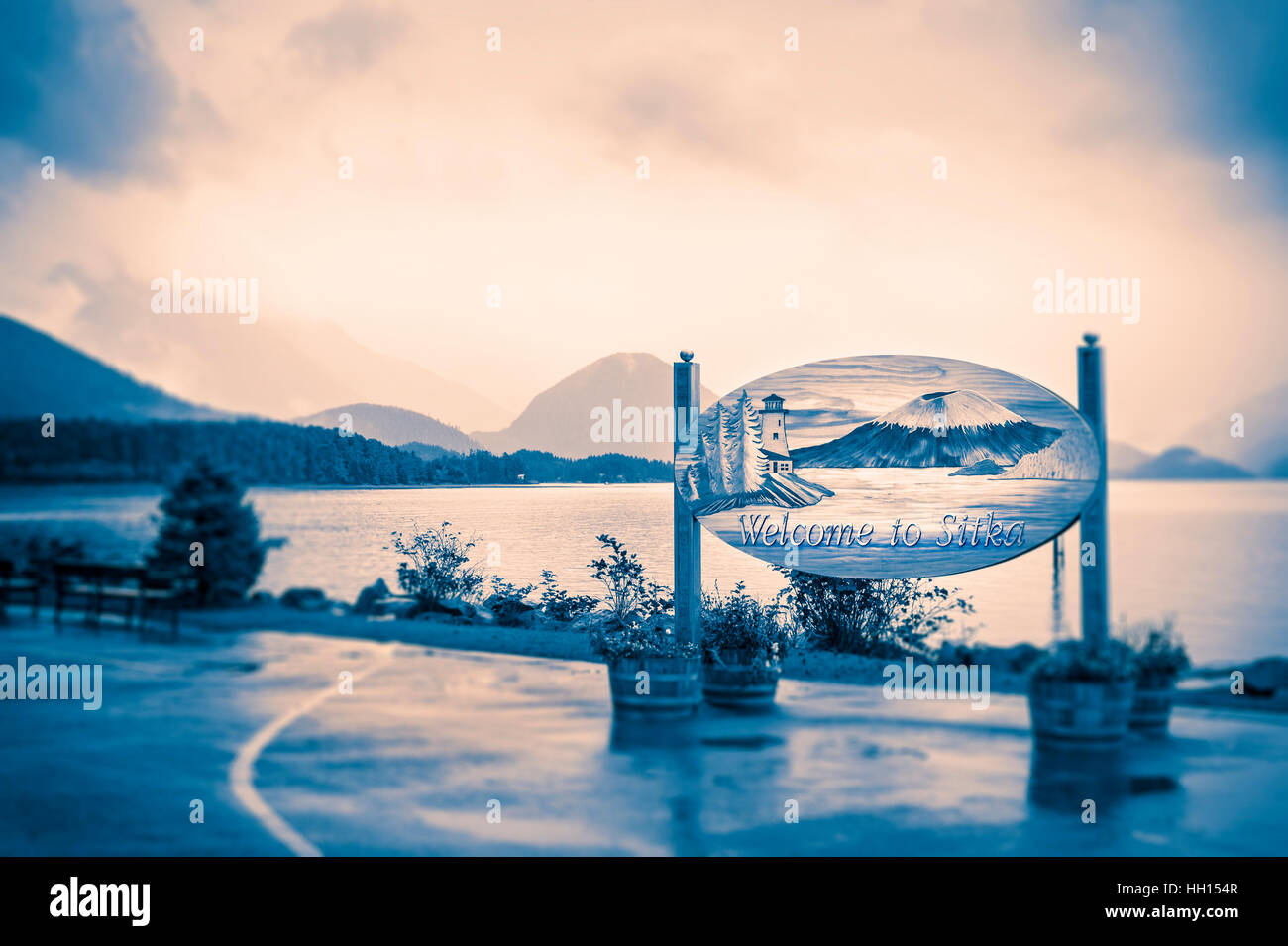 "Welcome to Sitka" sign overlooking Eastern Channel in downtown Sitka ...