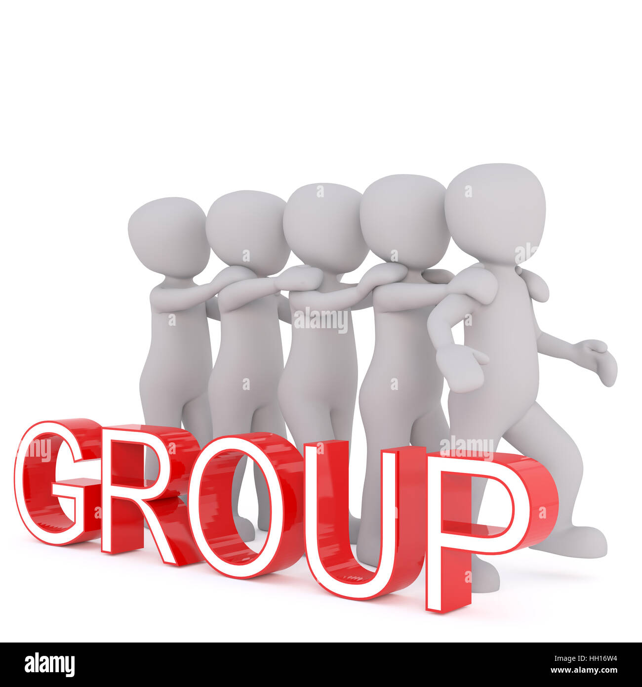 Group of 3d toon characters marching in line with word in foreground ...