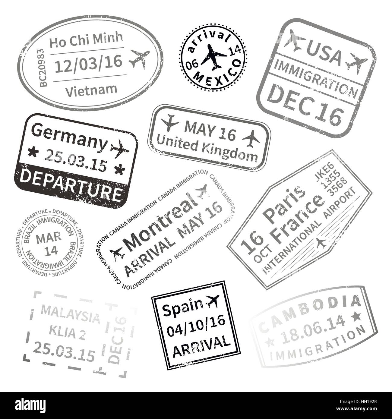 Big set of black International travel visa stamps isolated on white ...