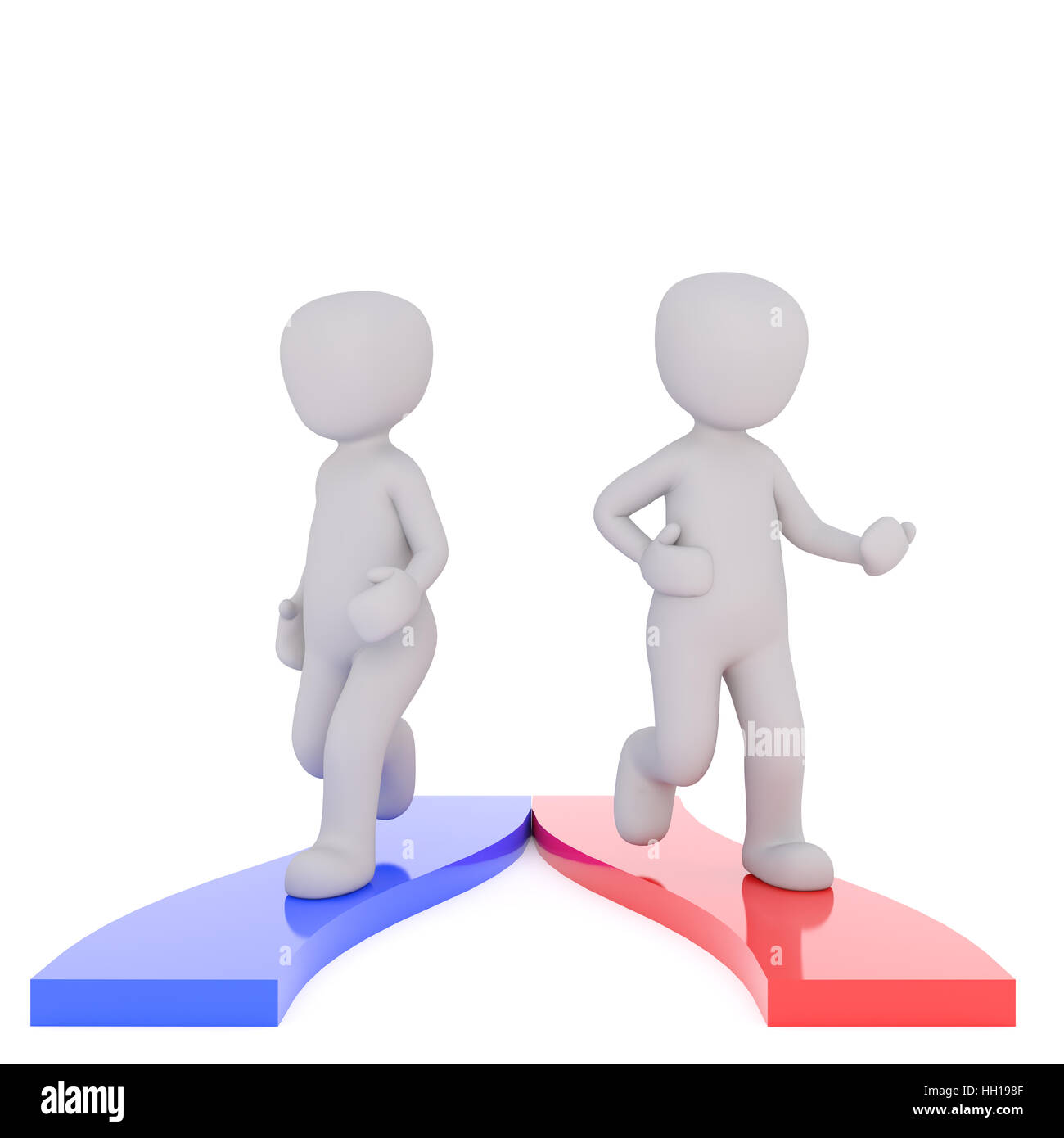 3D figure of two men walking aside by diverged blue and red paths ...