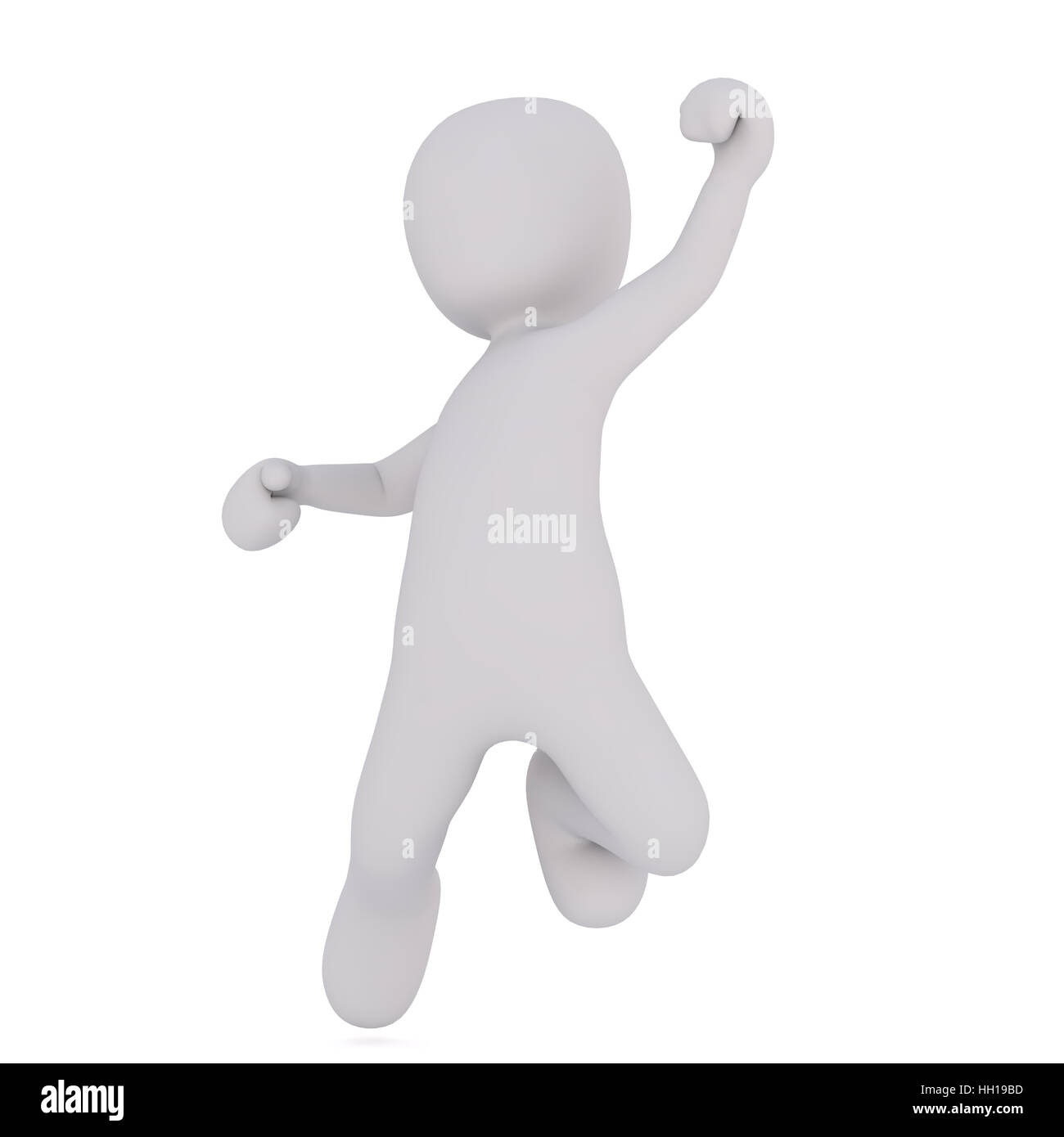 Faceless cartoon man joyfully jumping with his hands up, 3D render ...