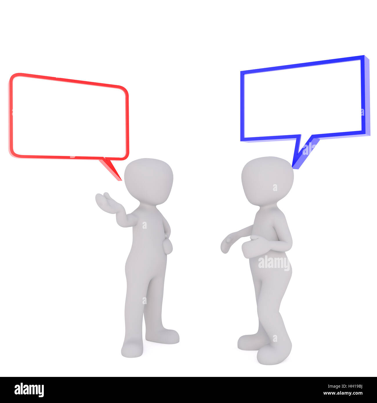 Two faceless cartoon men with red and blue comics balloons standing and ...