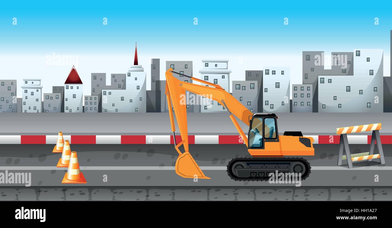 Excavator working at the road construction illustration Stock Vector ...