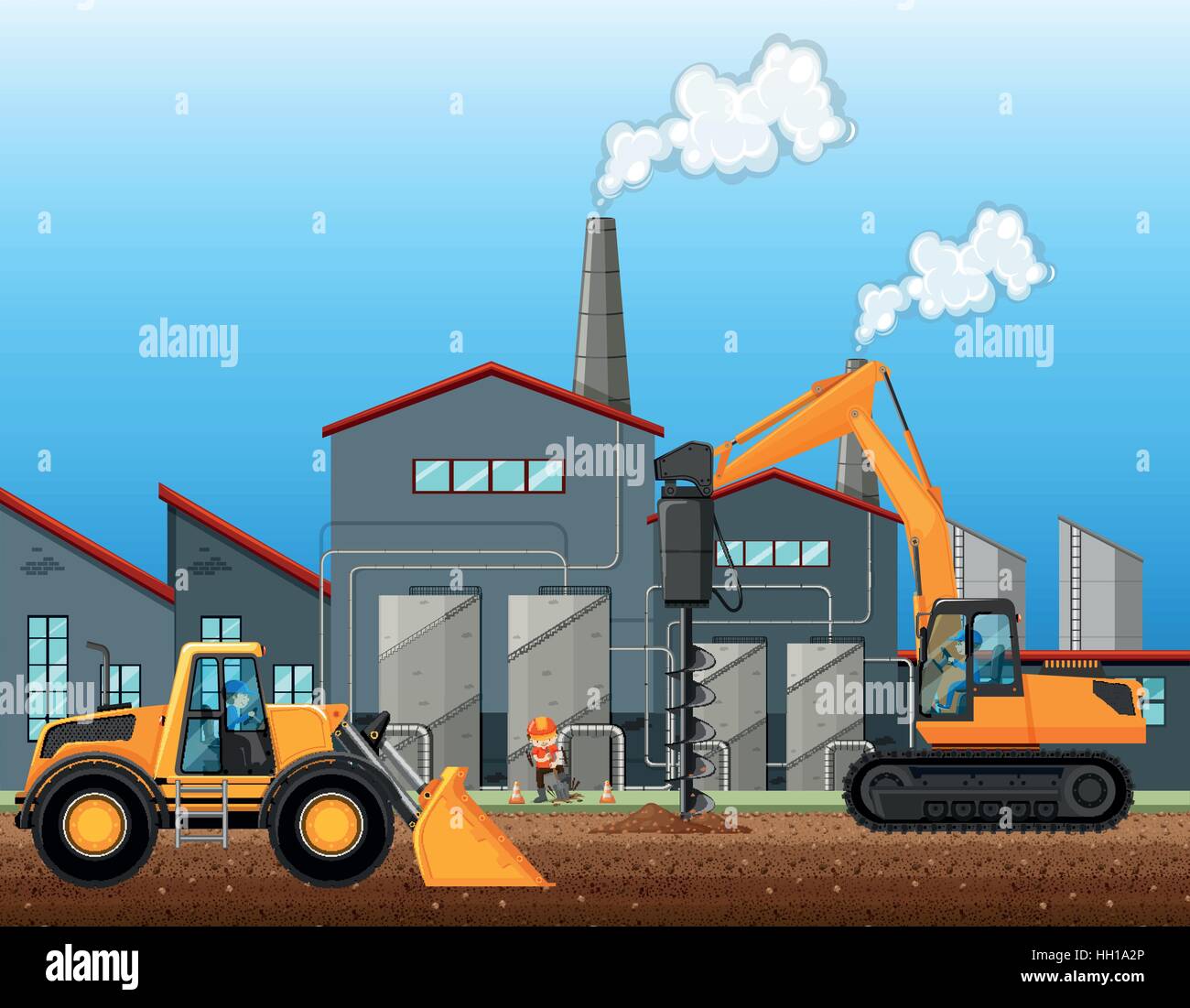 Two construction trucks at the factory scene illustration Stock Vector ...