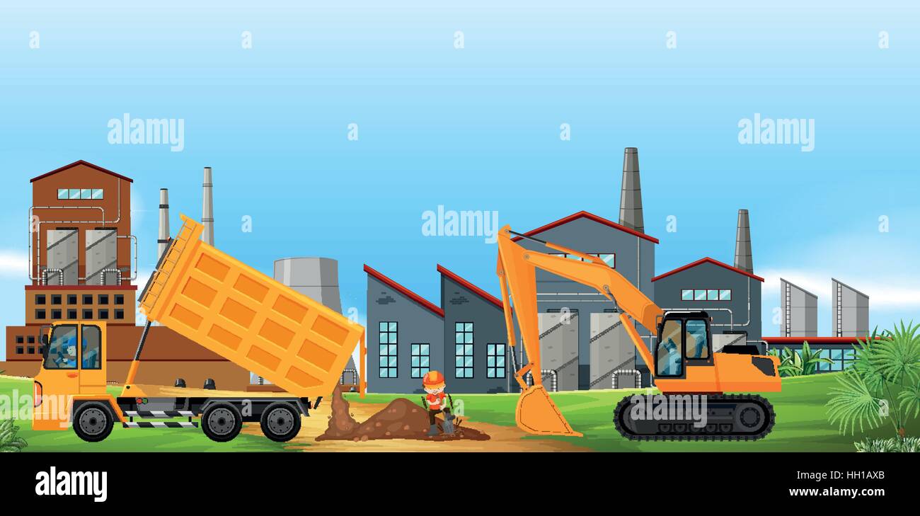 Two construction trucks working in the factory field illustration Stock ...