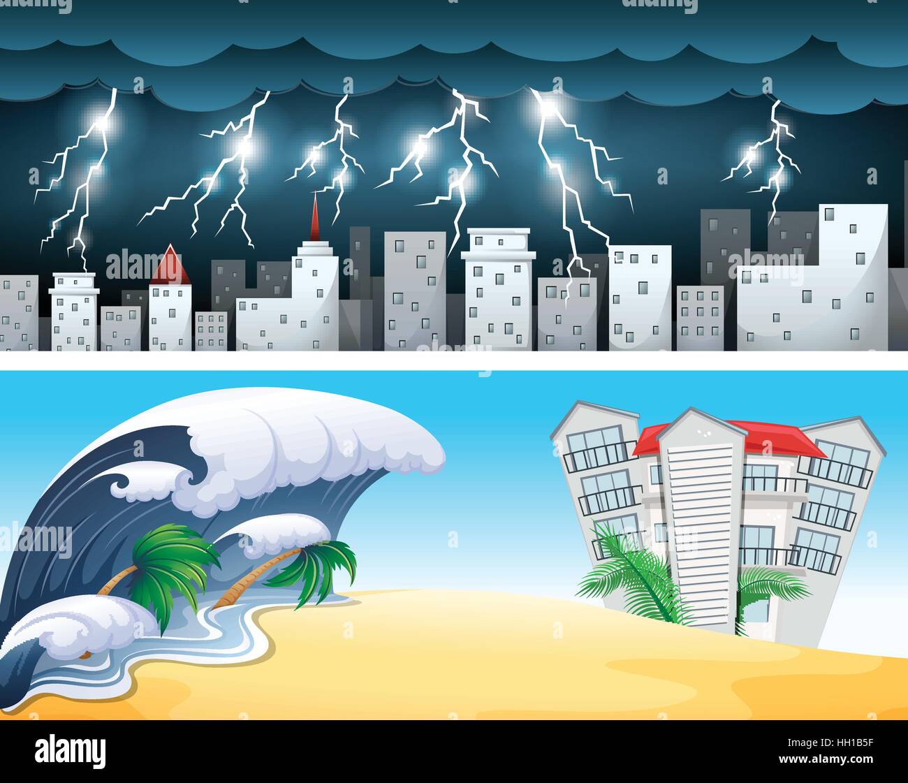 Two disaster scenes with tsunami and thunders illustration Stock Vector ...