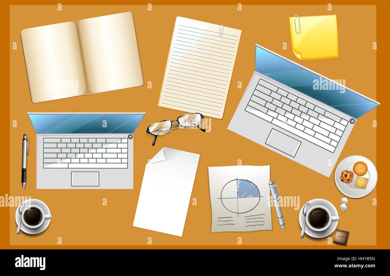 Office table full of papers and computers illustration Stock Vector ...