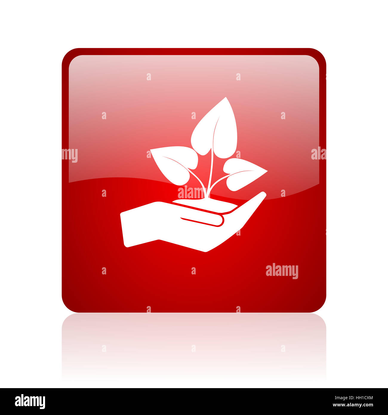 Hand protect plant growth red square web glossy icon Stock Photo - Alamy