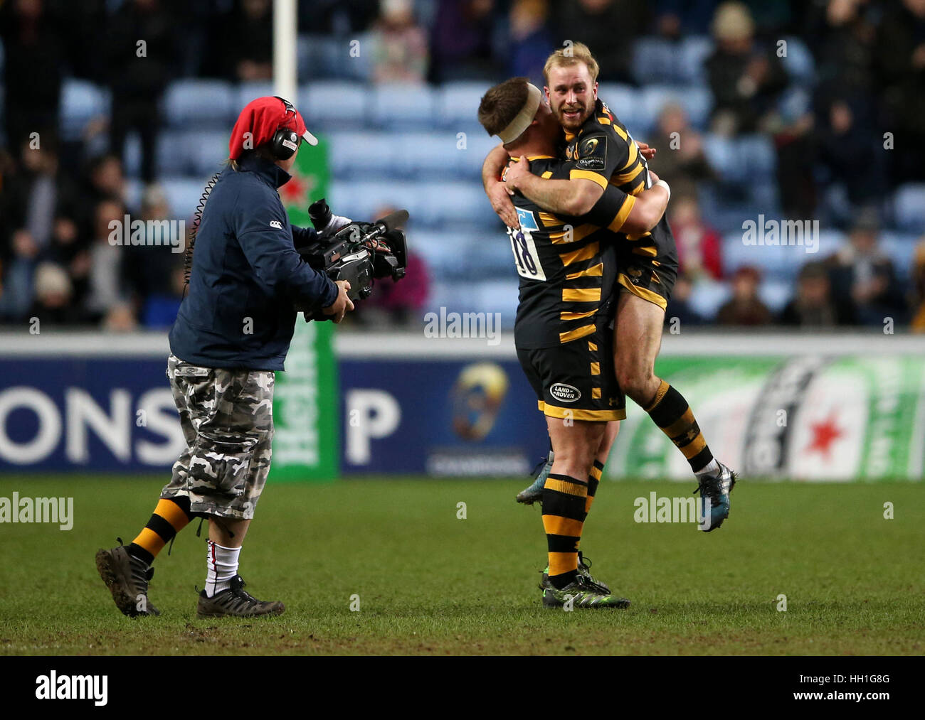 Wasps' Dan Robson celebrates with Phil Swainston after the final ...