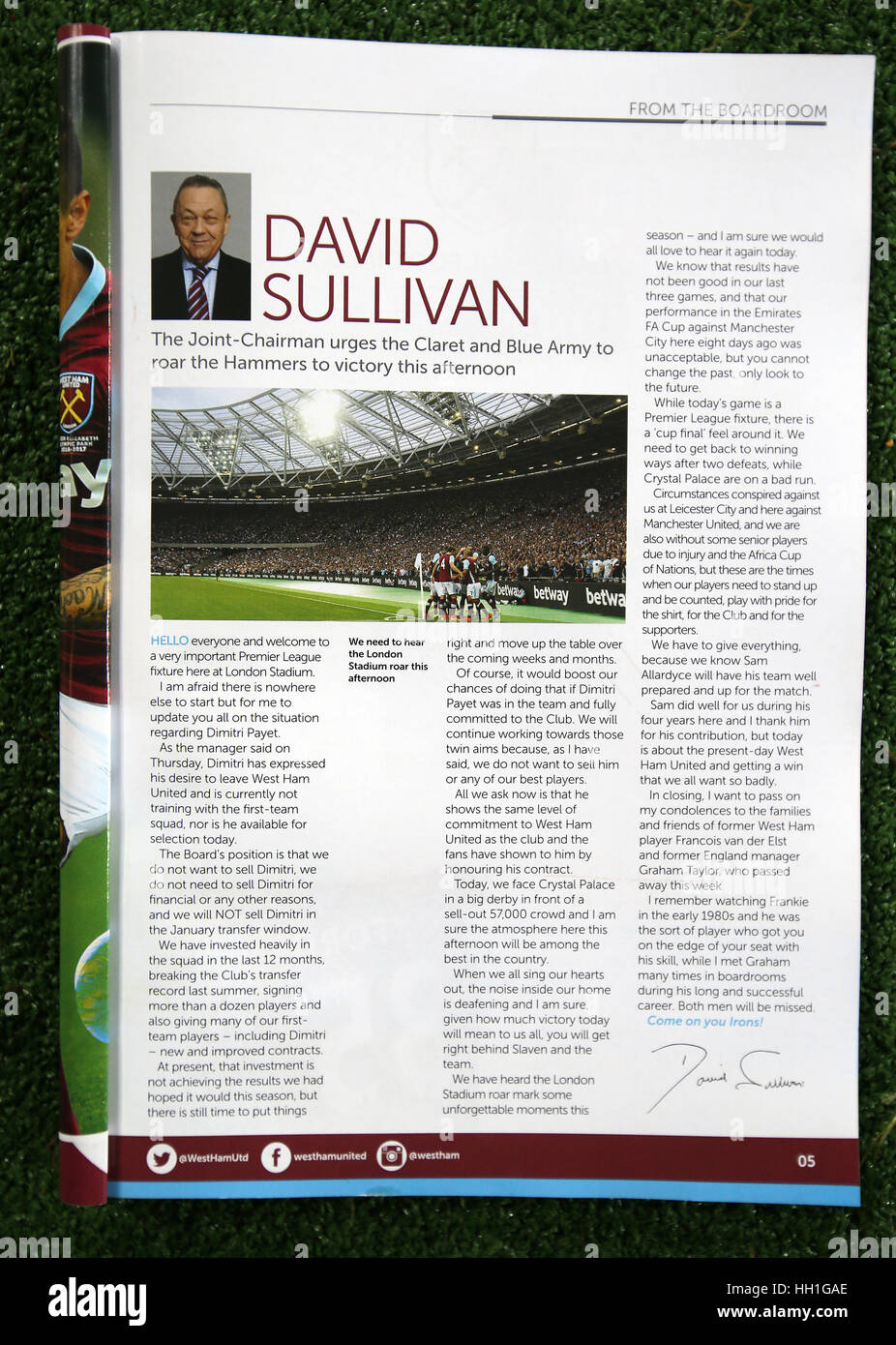 A matchday programme showing West Ham United's joint-charman David ...