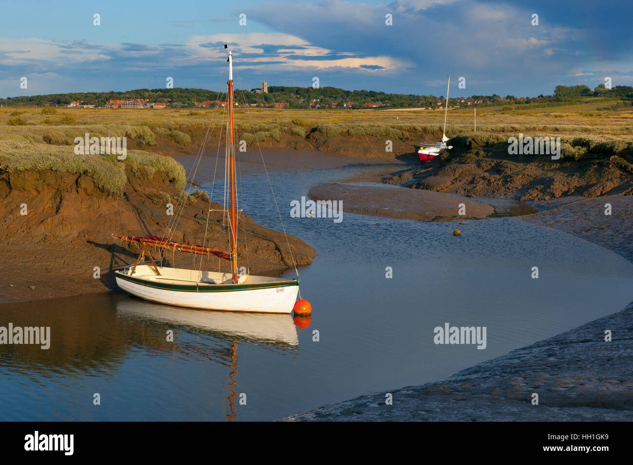 Morston Quay and Blakeney village and Church in the background North ...