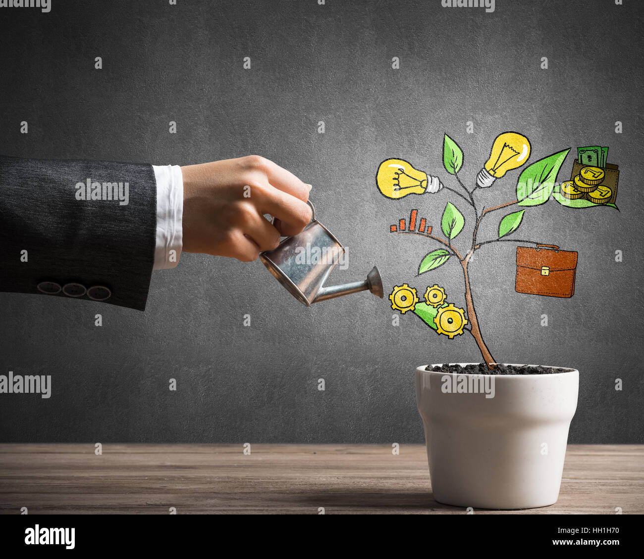 Drawn income tree in white pot for business investment savings and ...