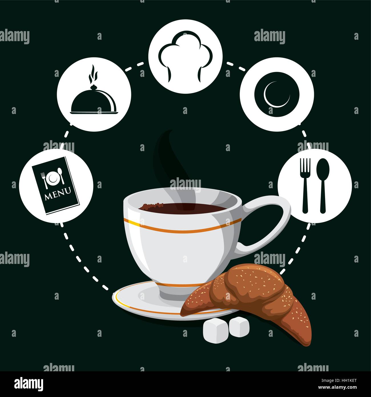 breakfast hot coffee croissant sugar badge green background Stock ...