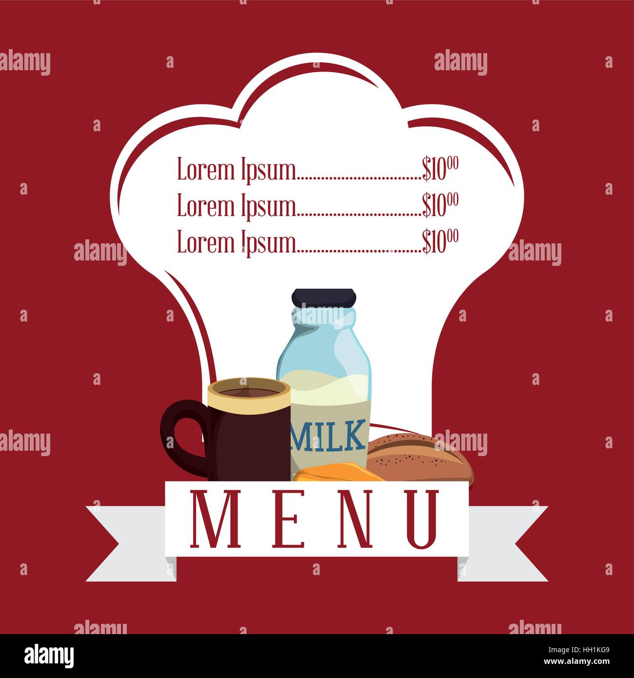 breakfast menu shape restaurant milk coffee cheese bread red background ...