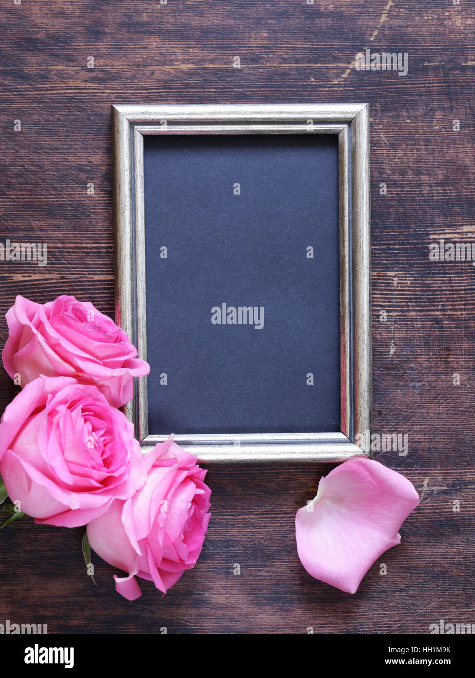 Pink rose flowers, frame for text and hearts for Valentines holiday ...