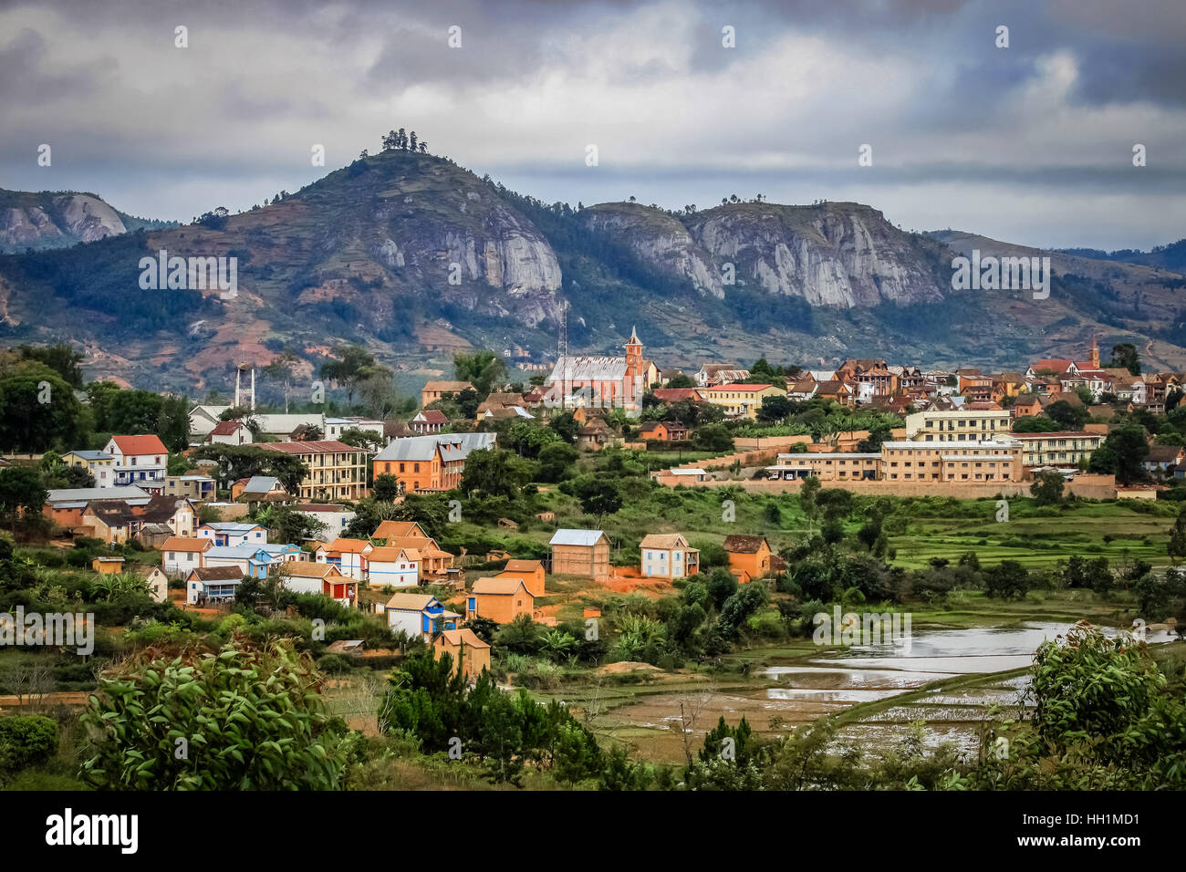 Landscape of Madagascar central highlands with small town in the valley ...