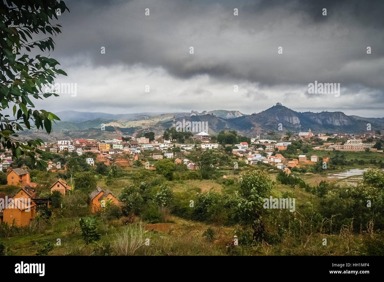 Landscape of Madagascar central highlands with small town in the valley ...