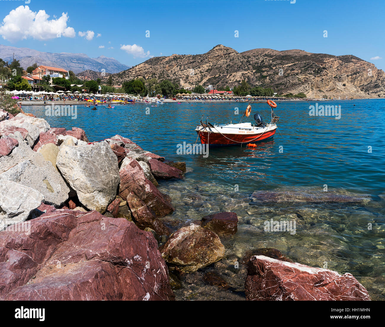 Panoramic view of Agia Galini beach, in South Crete, Greece Stock Photo ...