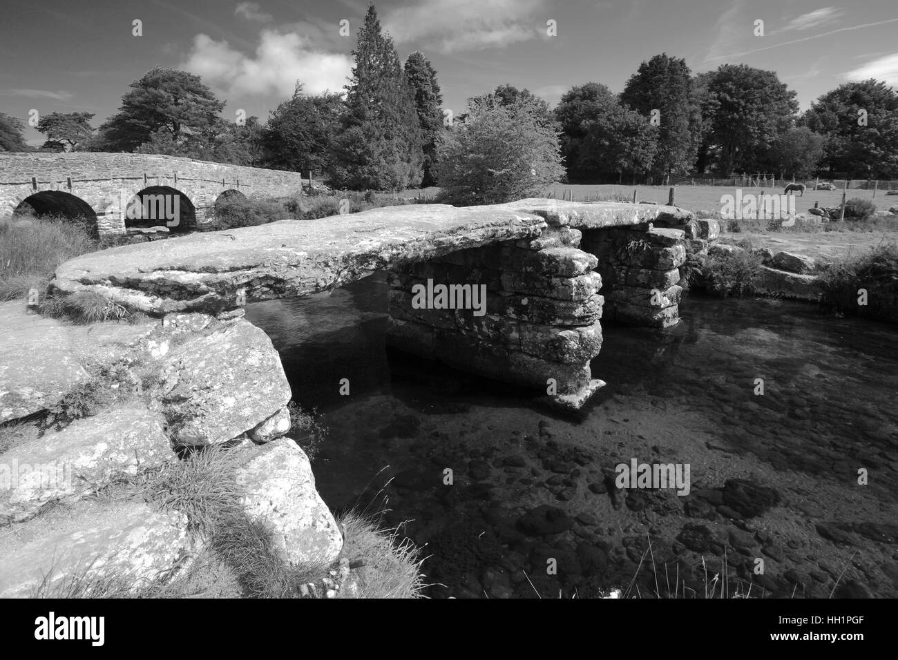 Summer, Ancient Stone Clapper Bridge, Postbridge village; East Dart ...