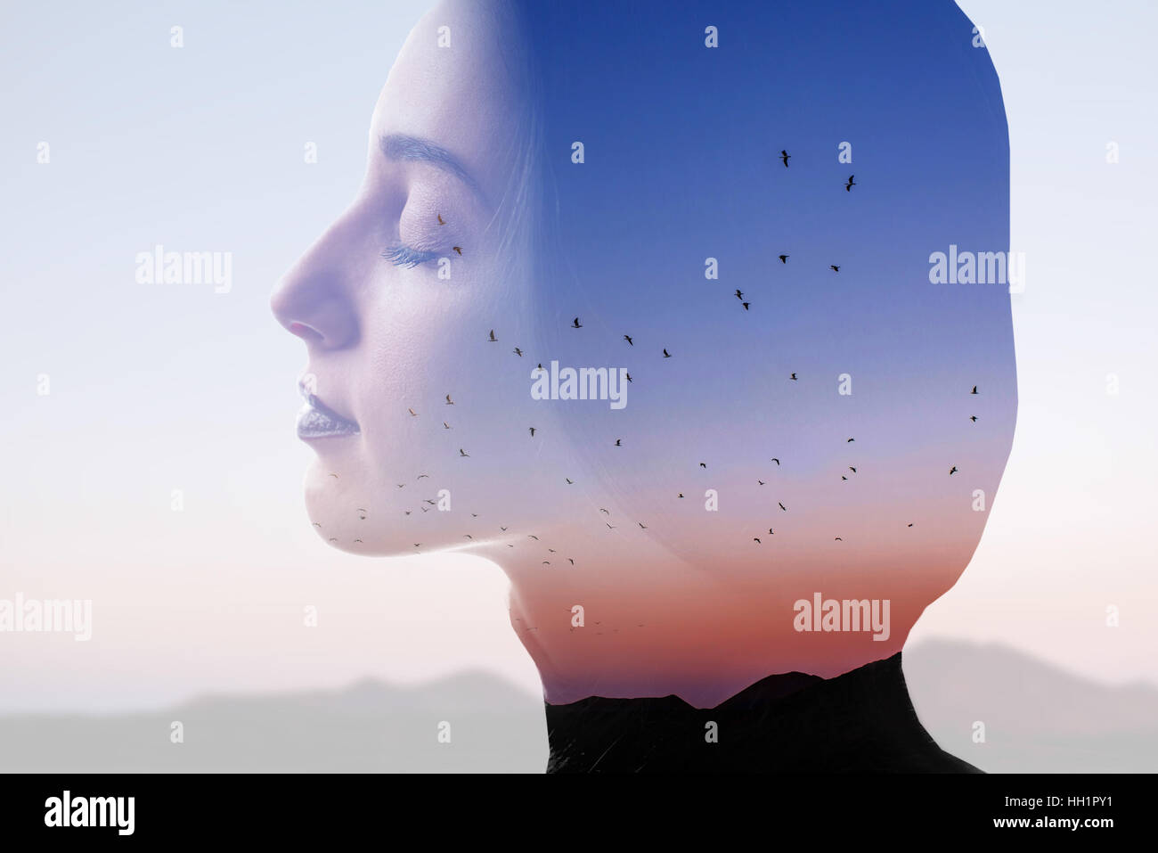 Double exposure woman portrait Stock Photo - Alamy