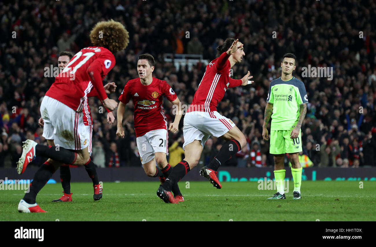 Manchester United's Zlatan Ibrahimovic (centre) celebrates scoring his ...