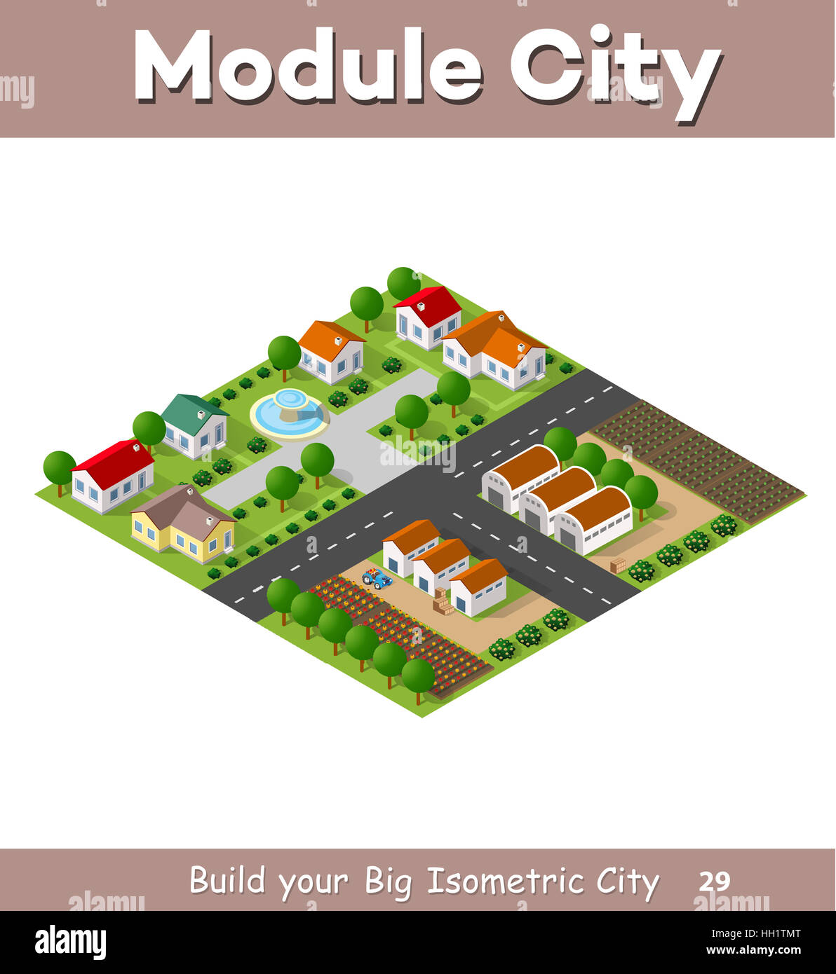 Country village of townhouses and rural houses with roads, streets ...