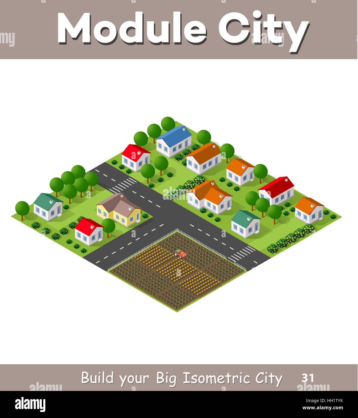 Country village of townhouses and rural houses with roads, streets ...