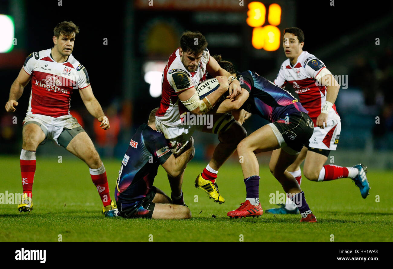 Ulsters' Clive Ross and Exeter Chiefs' Michele Campagnaro during the ...