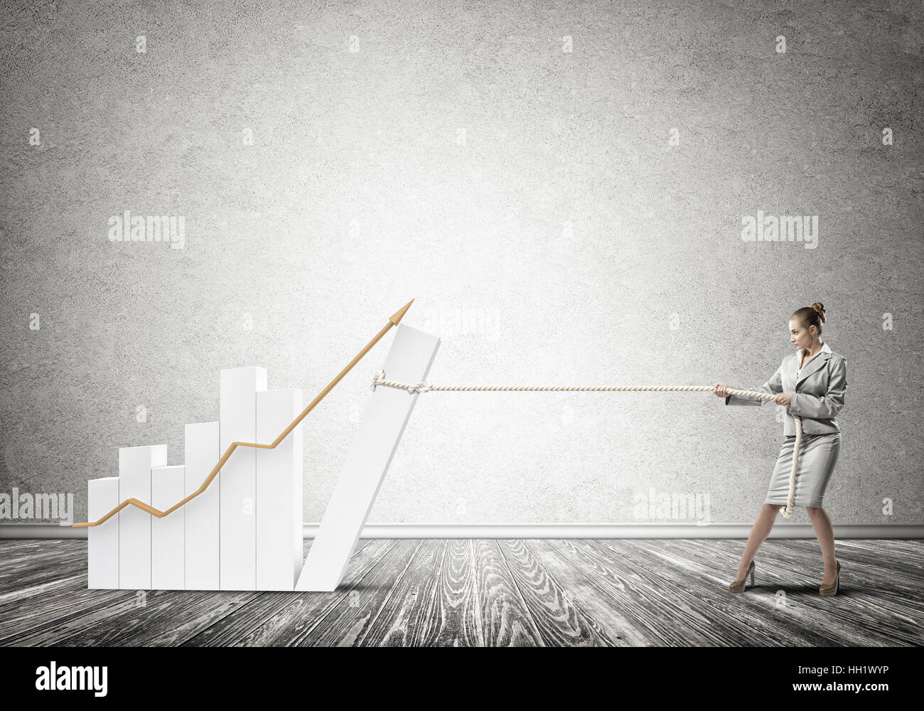 Businesswoman pulling graph with rope as symbol of power and control ...