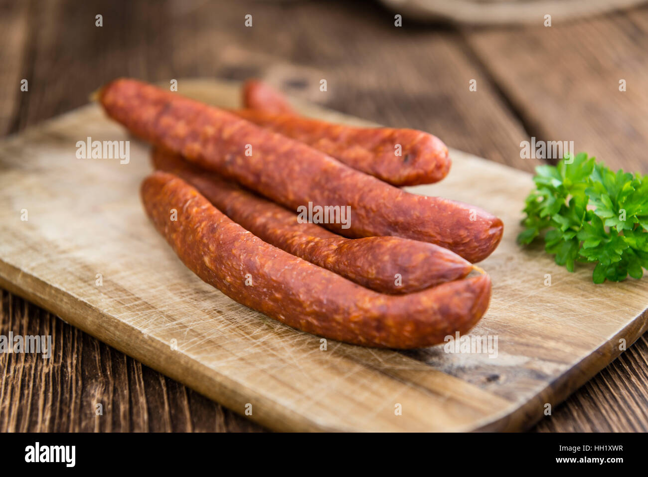 German Mettwurst (Chilli flavoured) as close-up shot (selective focus ...