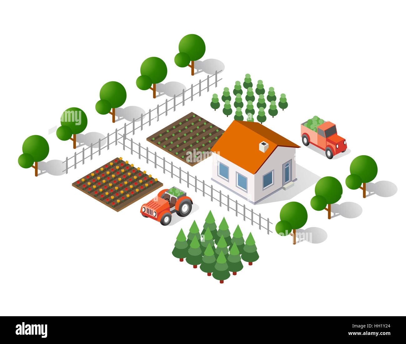 Isometric 3d rural landscape elements set a plan view of a tractor and ...