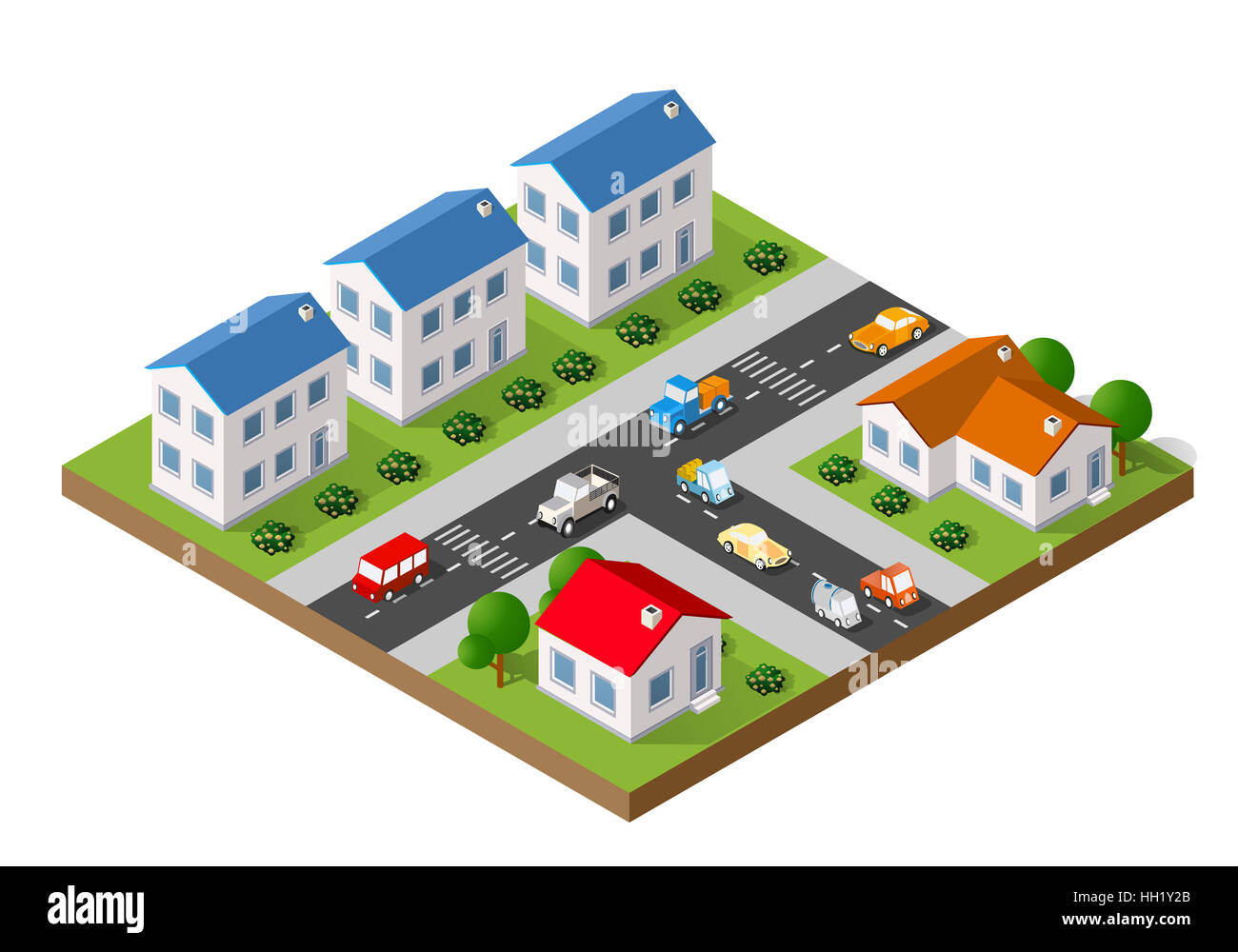 3D isometric landscape of a small town with houses and streets with ...
