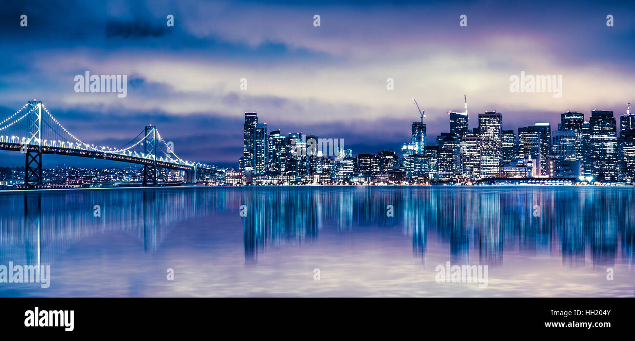 Night view of beautiful San Francisco California city skyline with lit ...