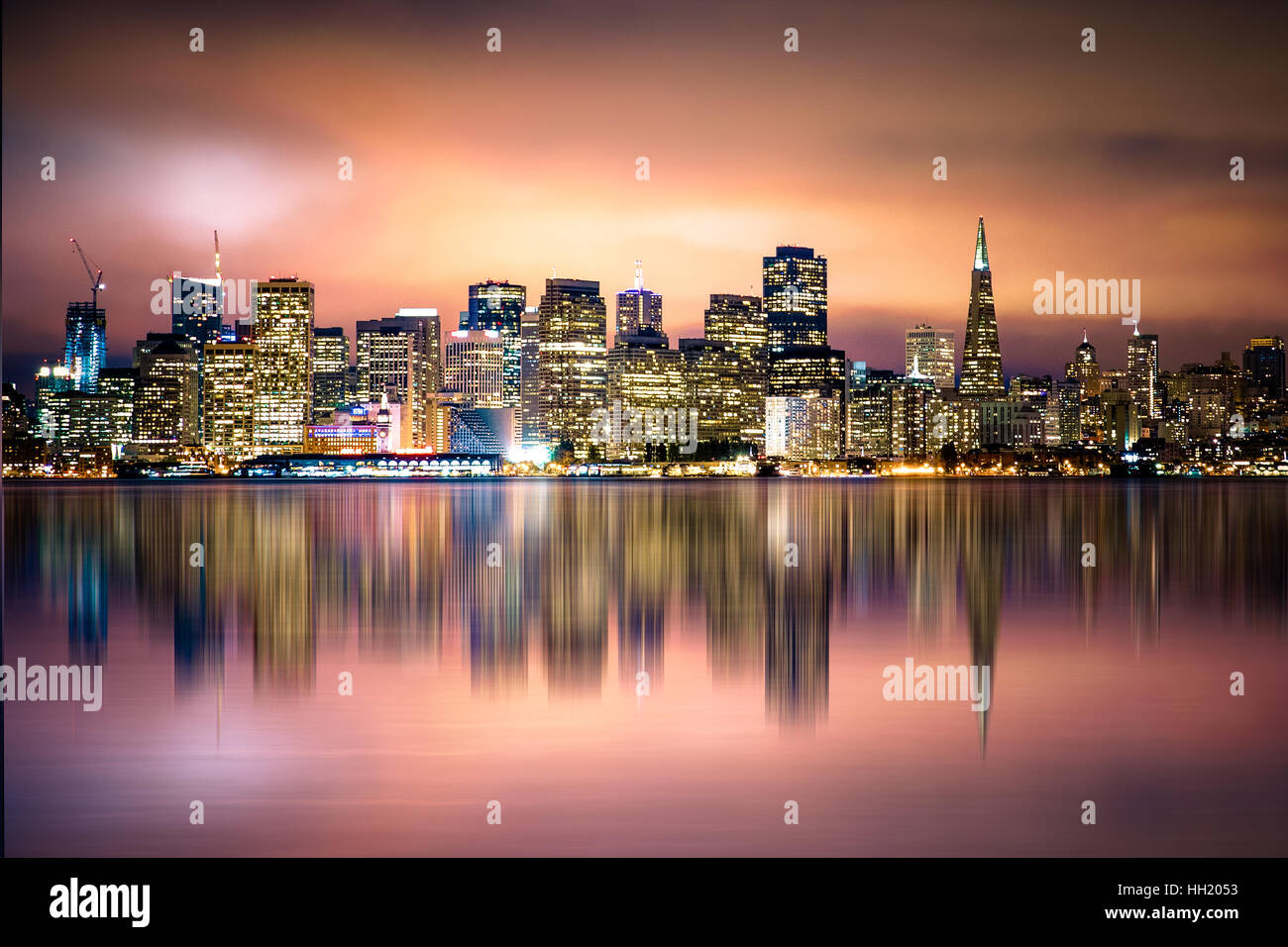 Night view of beautiful San Francisco California city skyline with lit ...