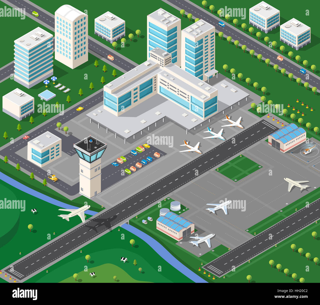 3D isometric industrial landscape of the city airport with the aircraft ...