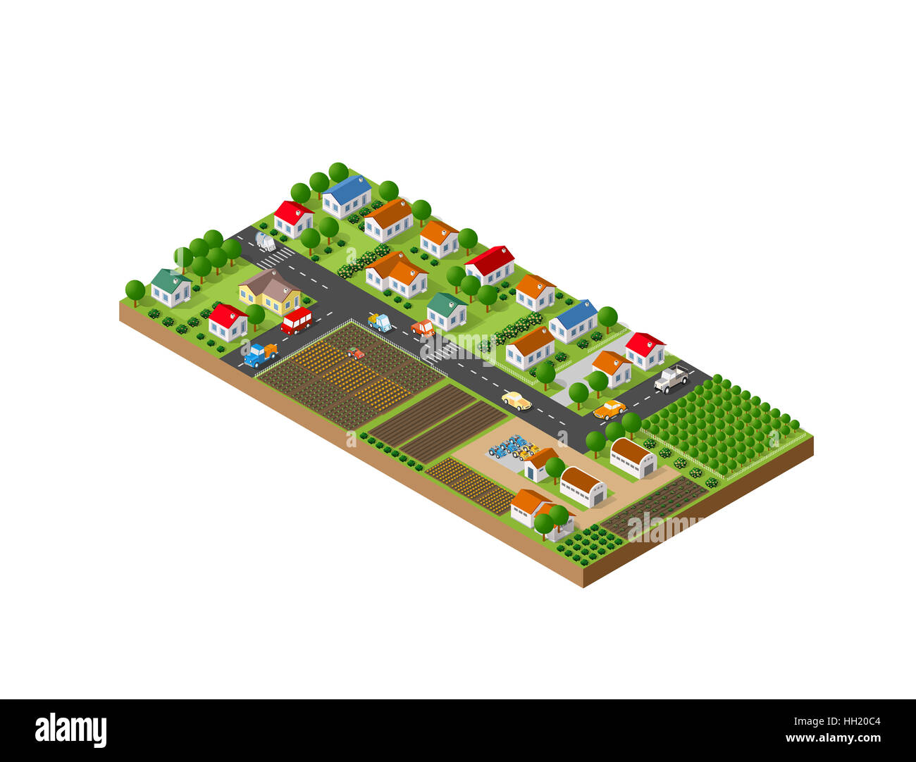 3D isometric landscape of a small town with houses and streets with ...