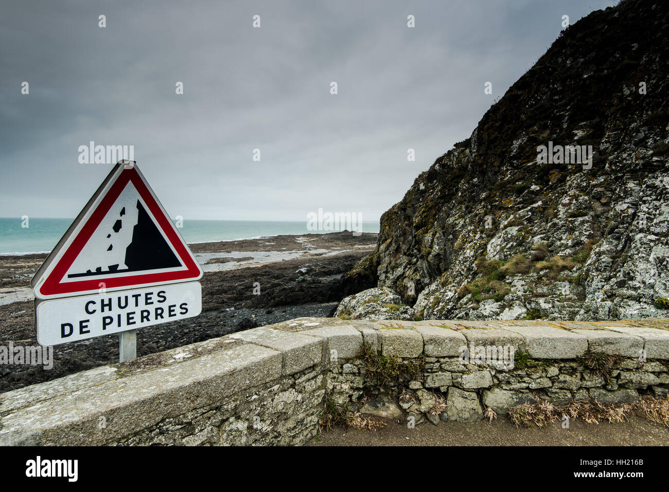 Road sign warning of danger cliffs in France on the edge of coast Stock ...