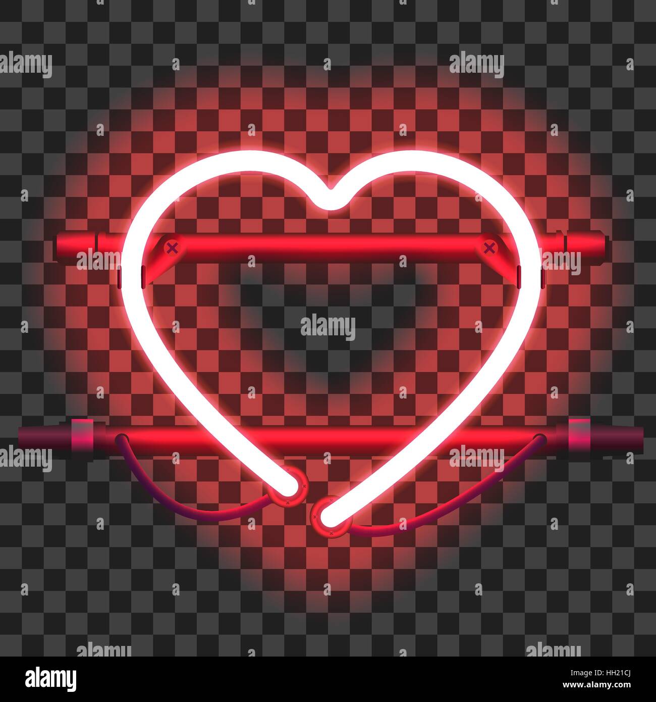 Glowing red neon heart with holders, brackets and wires isolated on ...