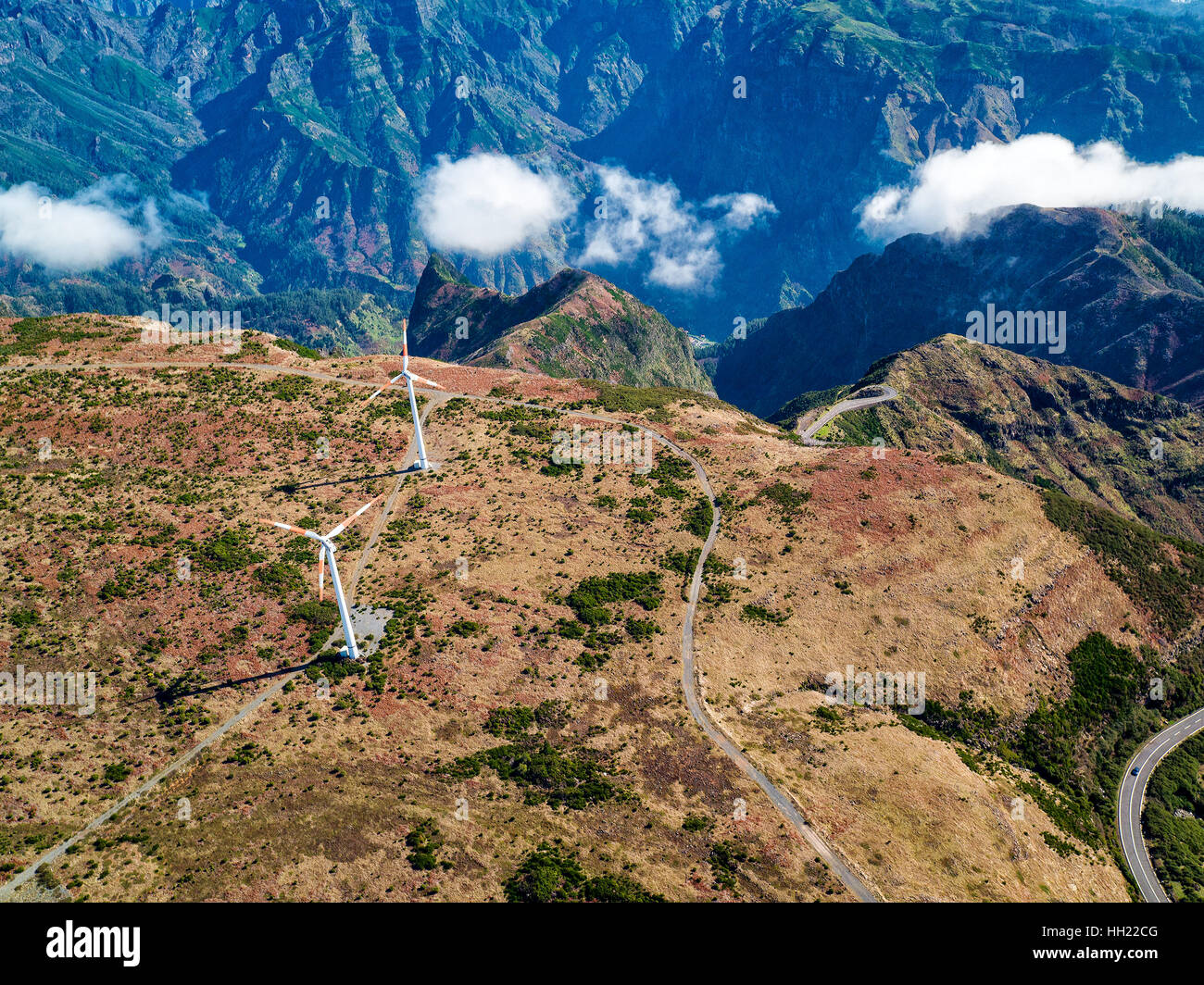 Wind Turbines on the Mountain Madeira Island, aerial view Stock Photo ...