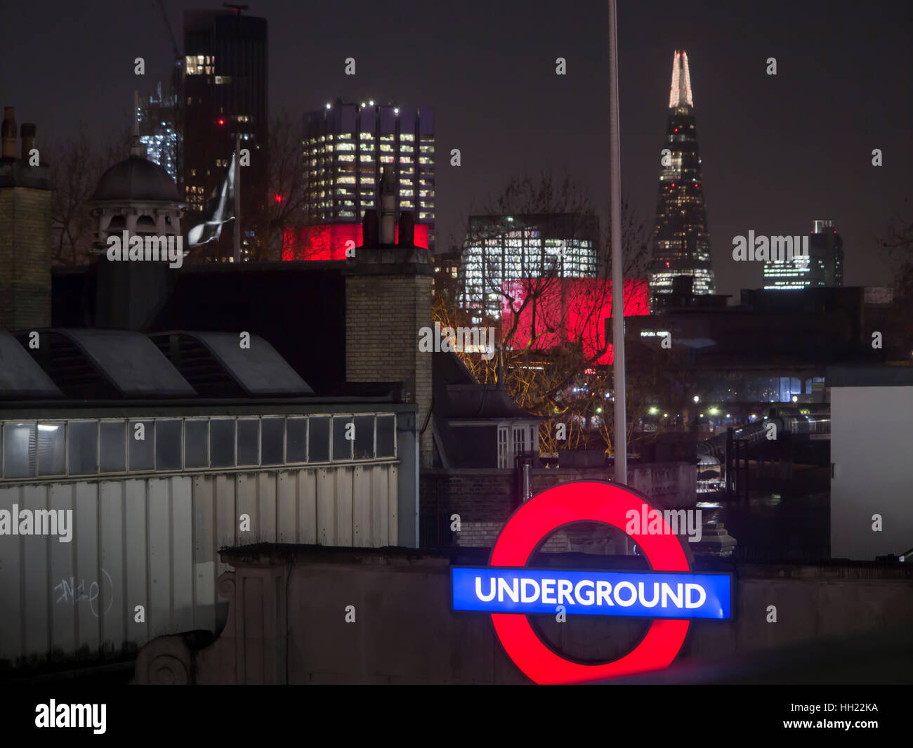 Embankment tubes station roundel with the Shard and the South Bank ...