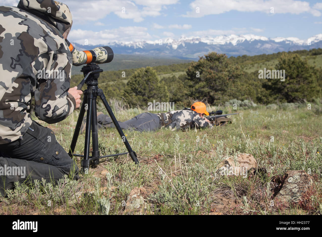 One hunter shooting while the other watches through a spotting scope in ...