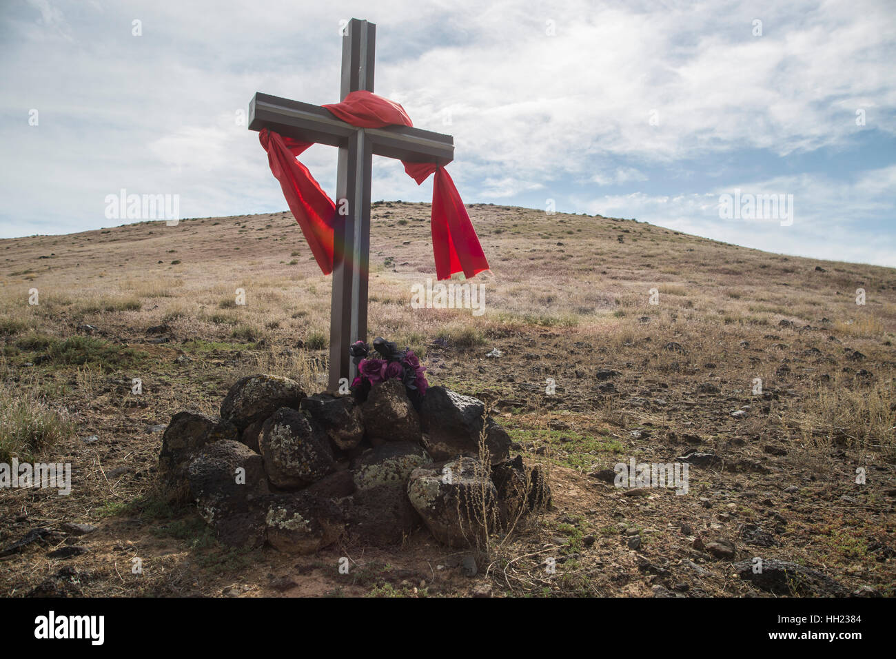 Cross memorial on the side of a highway in western Colorado Stock Photo ...